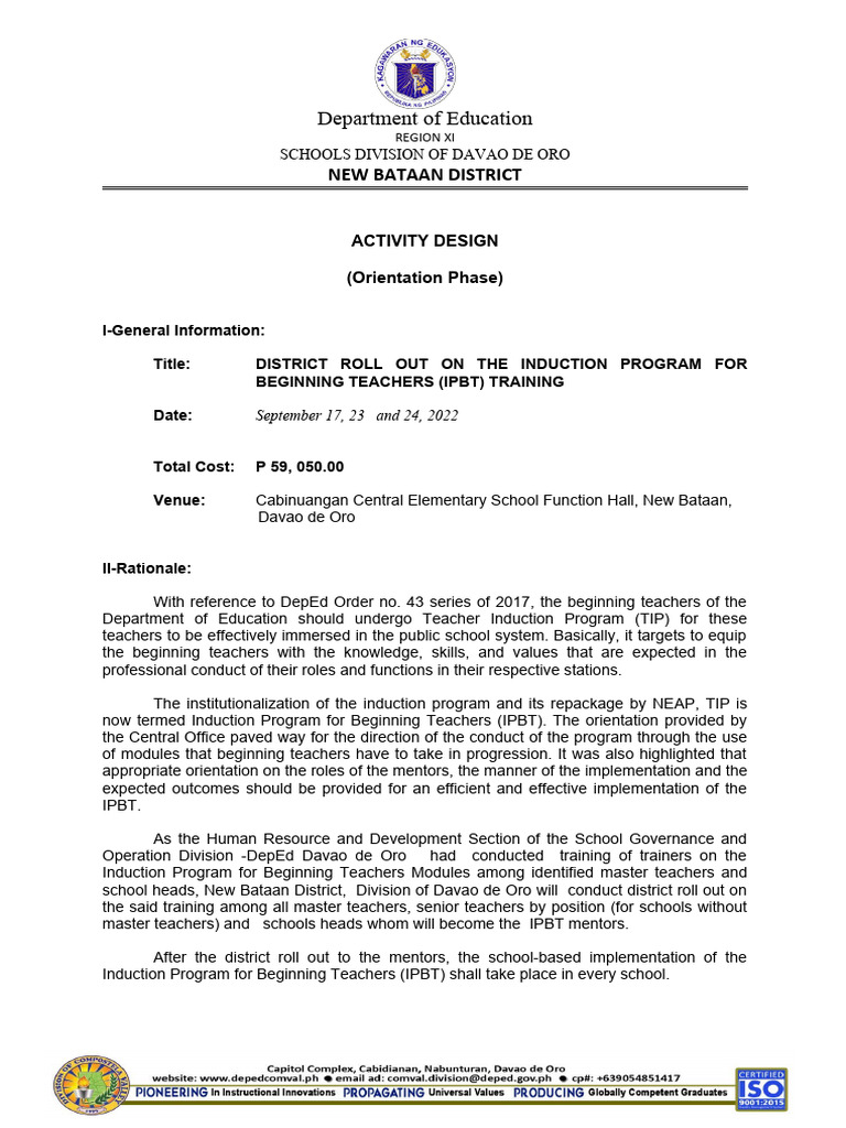 ACTIVITY DESIGN District Roll Out On The Induction Program For ...