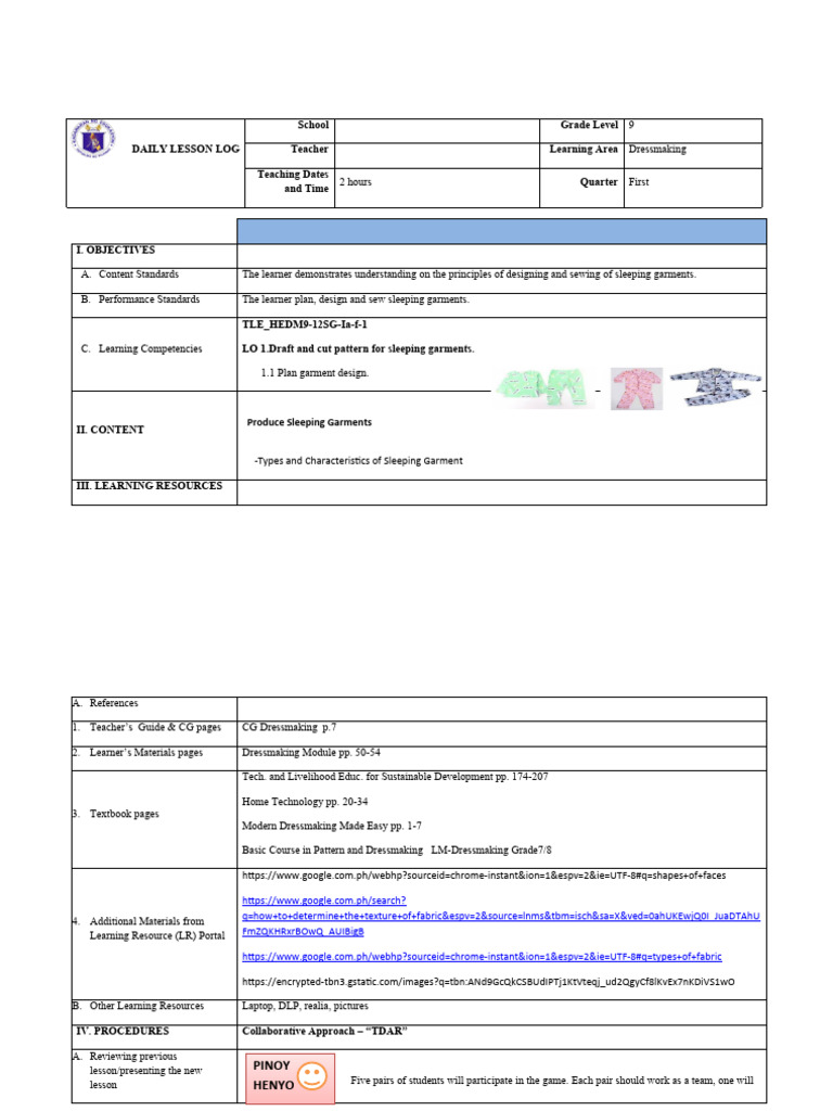 DLL 6 Dressmaking G9 1st Q | PDF | Learning | Cognition