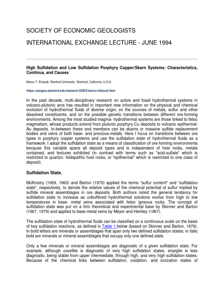 Einaudi 1994 High Sulfidation and Low Sulfidation Porphyry CopperSkarn ...