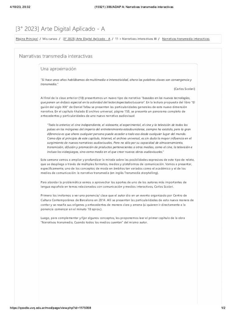 (15921) 306 - ADAP A - Narrativas Transmedia Interactivas | PDF