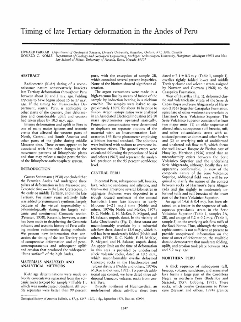 Farrar 1976 Timing of Late Tertiary Deformation in The Andes of Peru ...