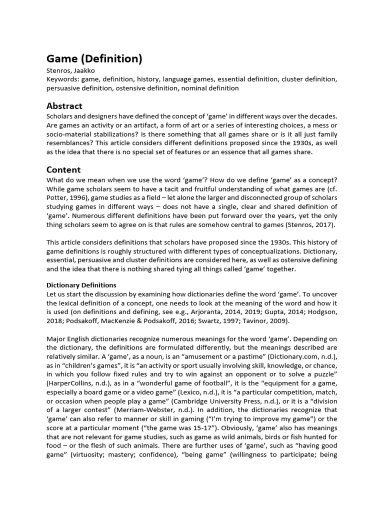 Defining 'Game': A Scholarly Exploration | PDF | Definition | Concept