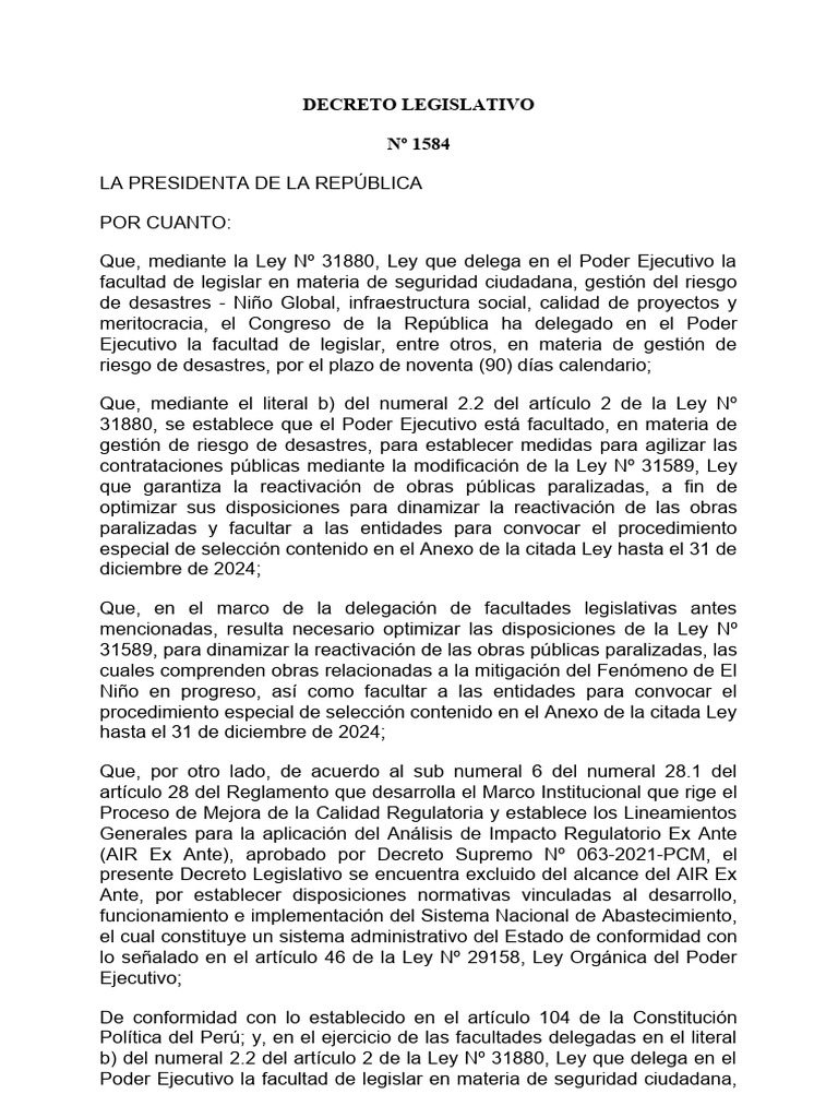 DECRETO LEGISLATIVO 1584 Modifica Ley 31589 | Descargar gratis PDF ...