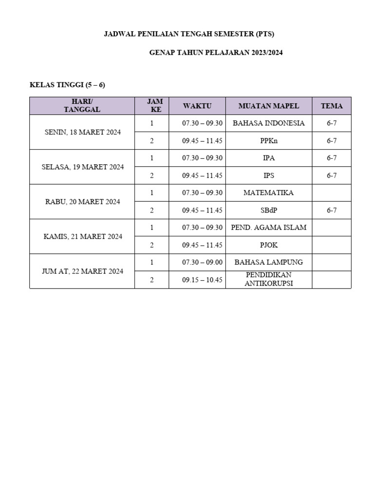 Jadwal Pts Genap Tp. 2023-2024 | PDF