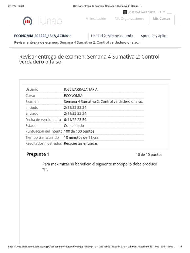 Entrega de Examen - Semana 4 Sumativa 2 - Control | PDF | Monopolio | Microeconomía