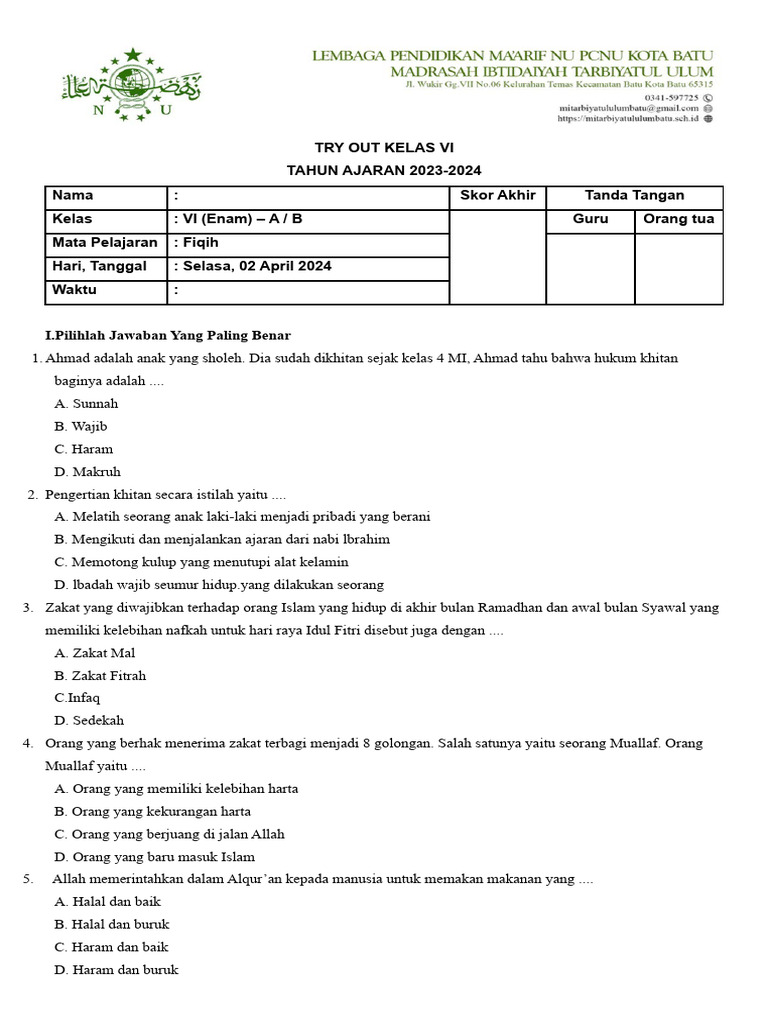 Pra Ebta Fiqih 6 | PDF