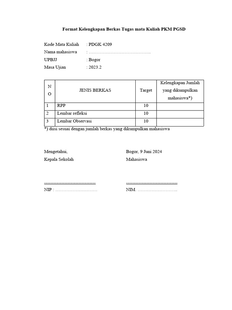 Lampiran 8 Format Kelengkapan Berkas TMK PKM PGSD | PDF