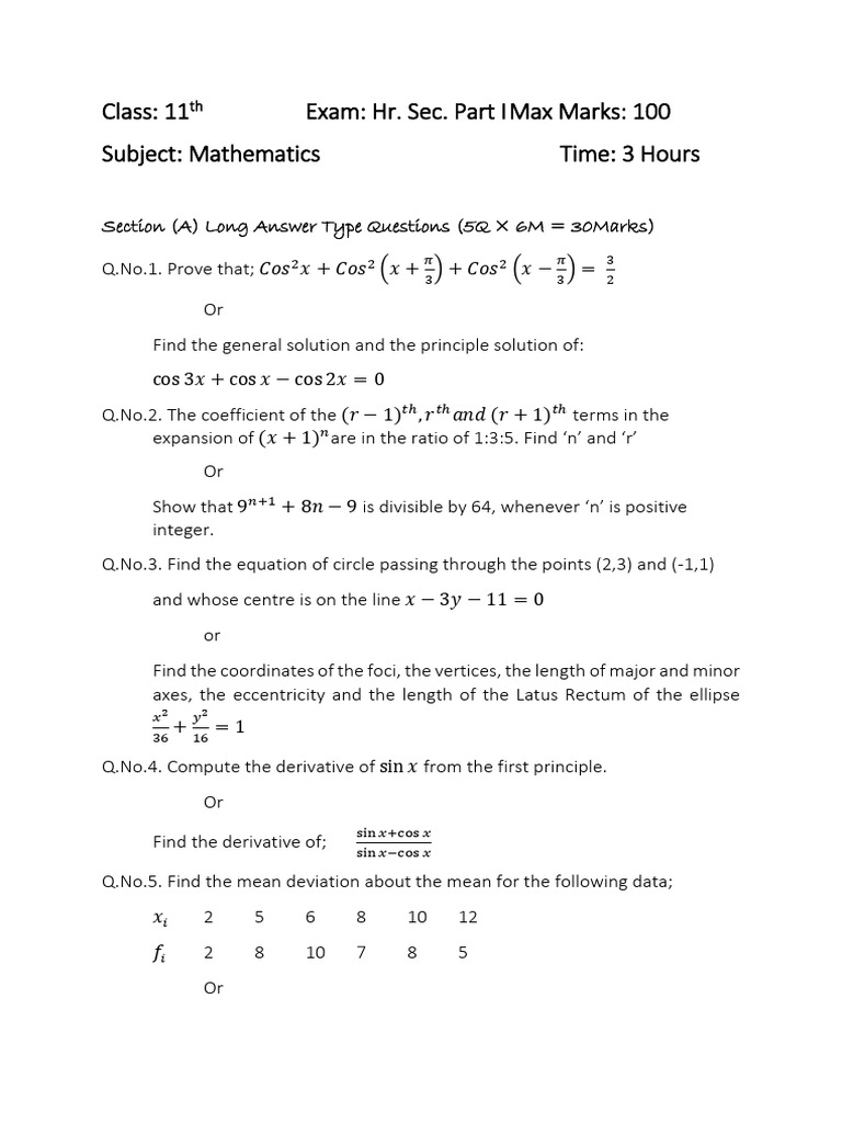 Math Modal Test Paper 11 TH | Download Free PDF | Ellipse | Mathematics