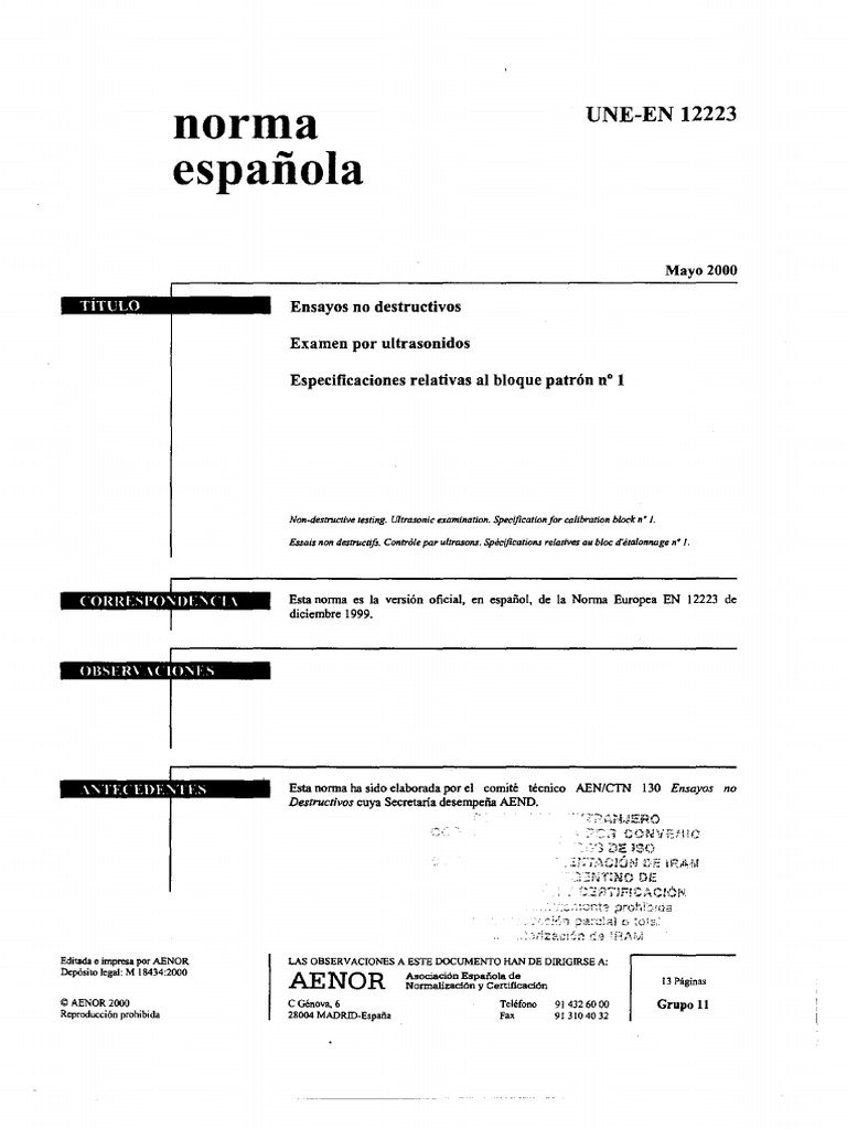 UNE-En 12223 - Ultrasonido - Especificaciones Del Bloque Patrón V1 | PDF