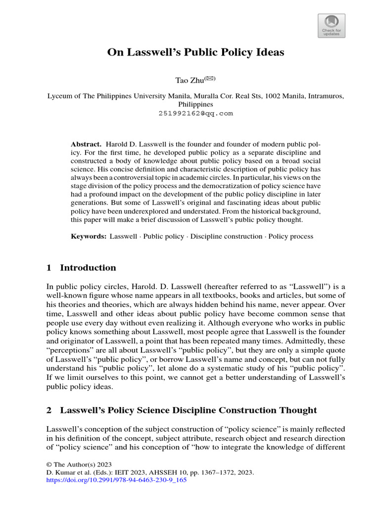 On Lasswell's Public Policy Ideas: Abstract. Harold D. Lasswell Is The ...