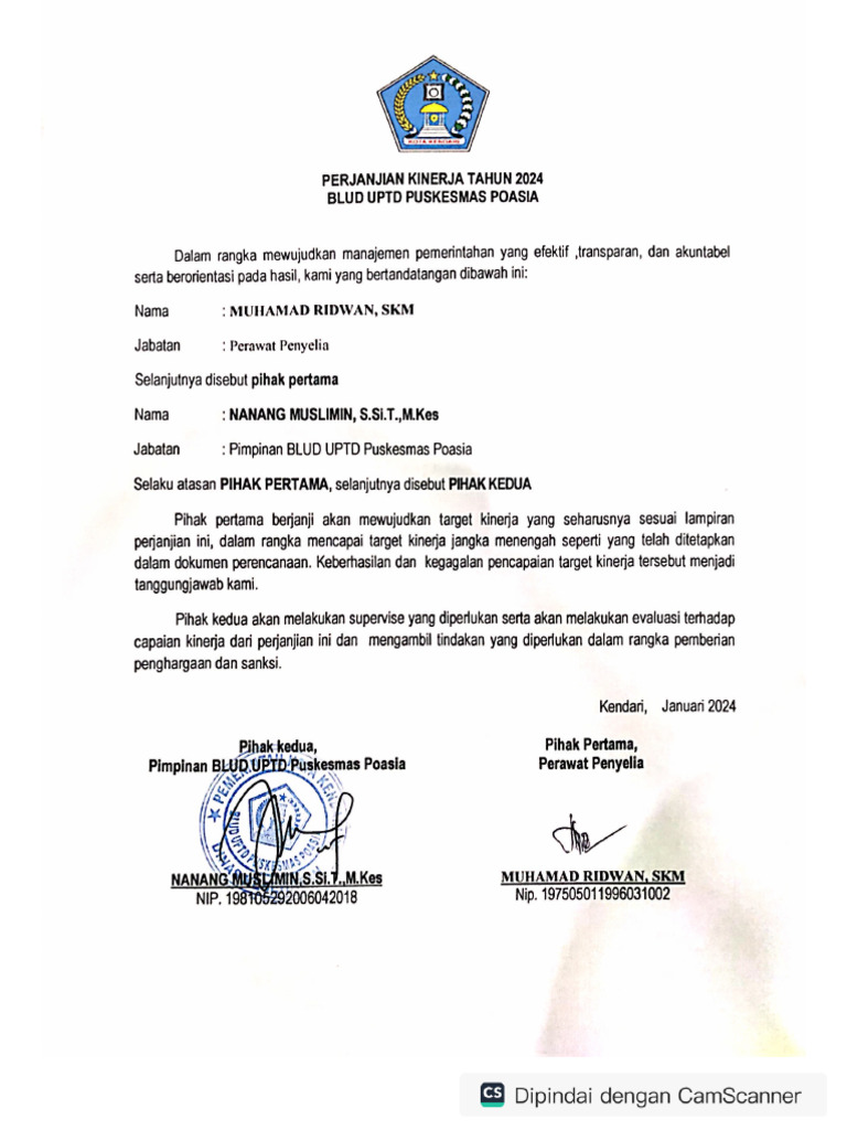 Perjanjian Kinerja Muh. Ridwan - Mitra Wati | PDF