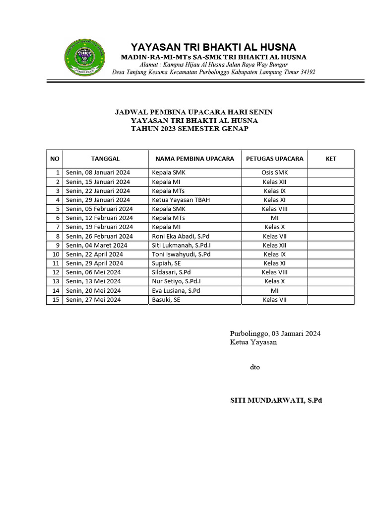 Jadwal Pembina Upacara 2023 Semester Genap | PDF