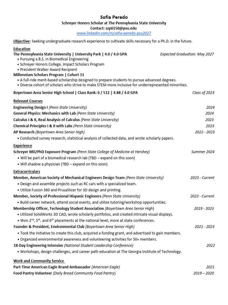Sofia Peredo Resume | PDF | Pennsylvania State University | Engineering