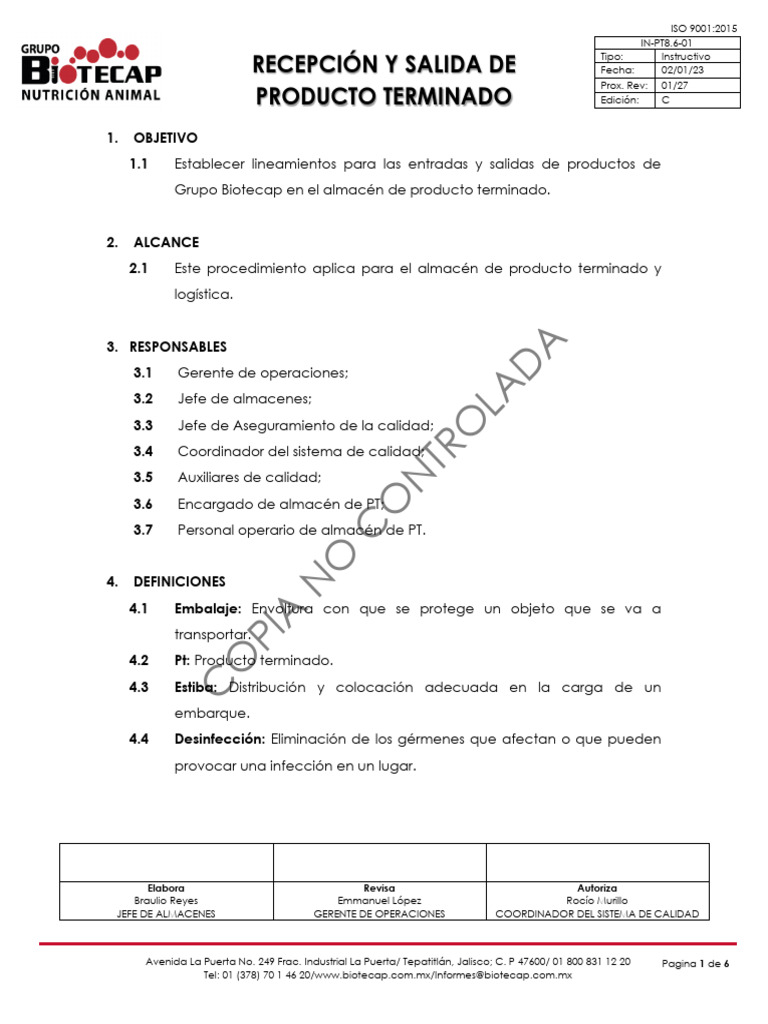 IN-PT8.6-01_RECEPCIÓN Y SALIDA DE PRODUCTO TERMINADO_C | PDF | Procesos ...
