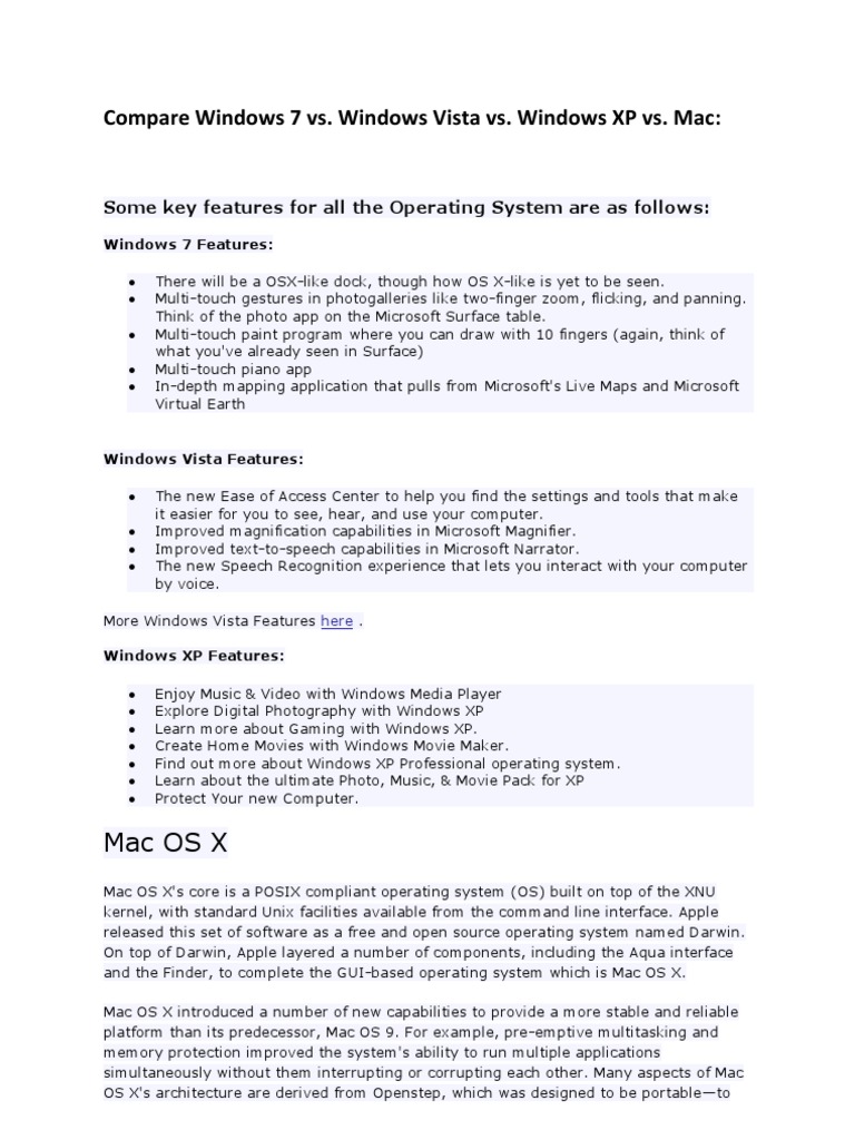 Compare Windows 7 vs. Windows Vista vs. Windows XP vs. Mac | PDF ...