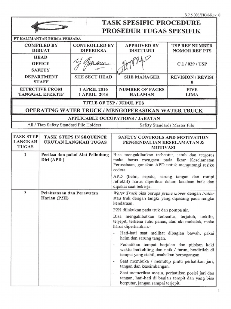 TSP Mengoperasikan Water Truck | PDF