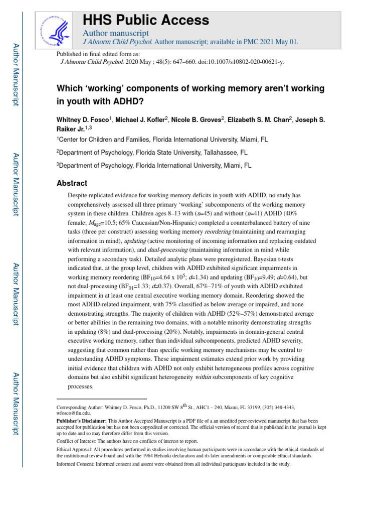 ADHD Working Memory Deficits in Youth | PDF | Working Memory ...