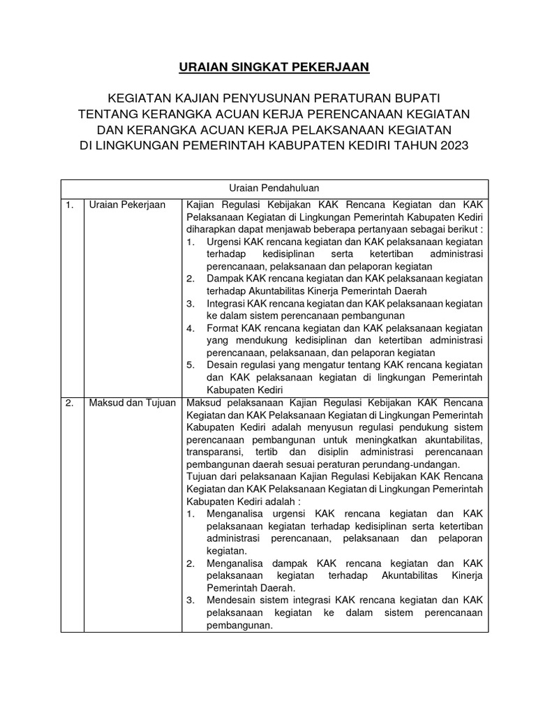 Uraian Singkat Penyusunan Perbub Tentang KAK | PDF | Pengelolaan Keuangan & Uang
