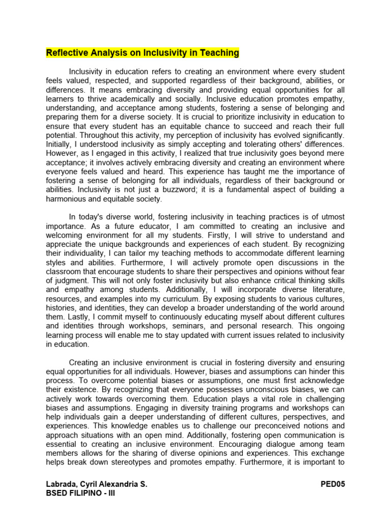 Reflective Analysis on Inclusivity in Teaching | PDF | Learning ...
