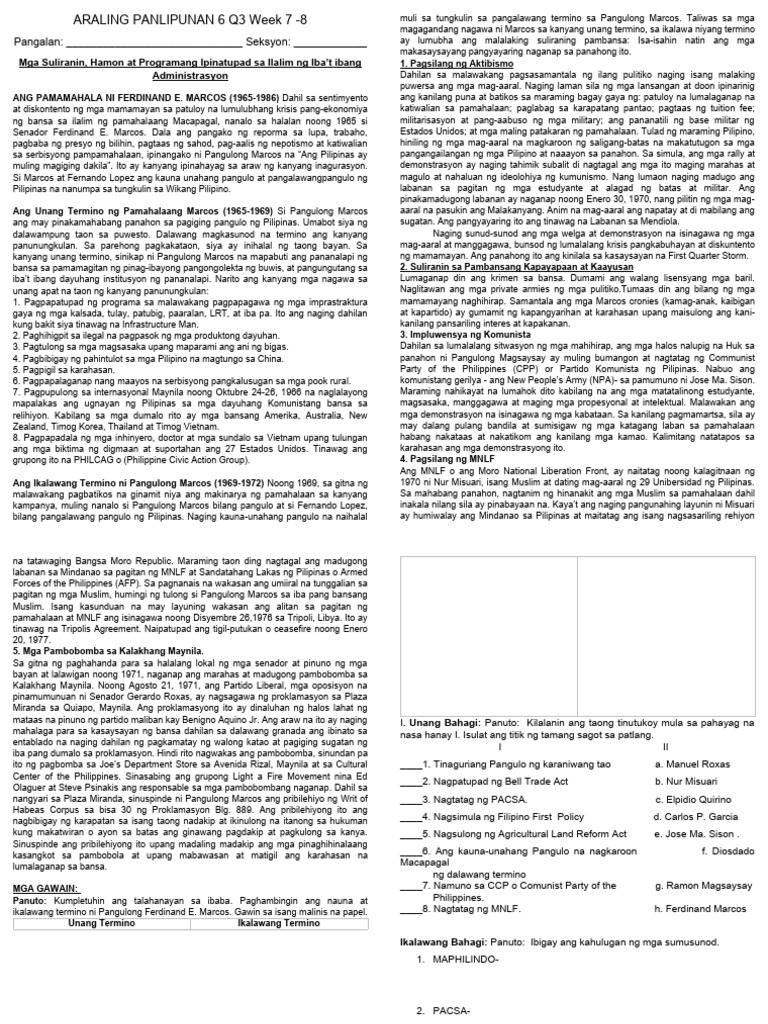 Quarter 3 week 7 - 8 AP6 module worksheet | PDF