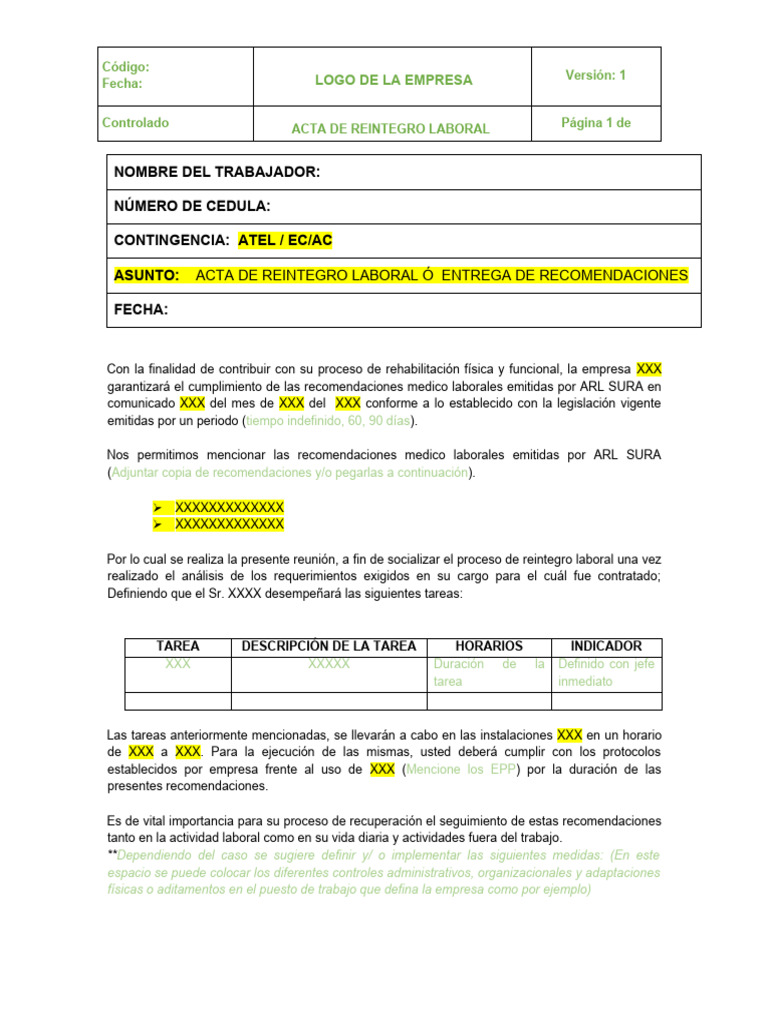 Formato Reintegro Laboral Sura | PDF