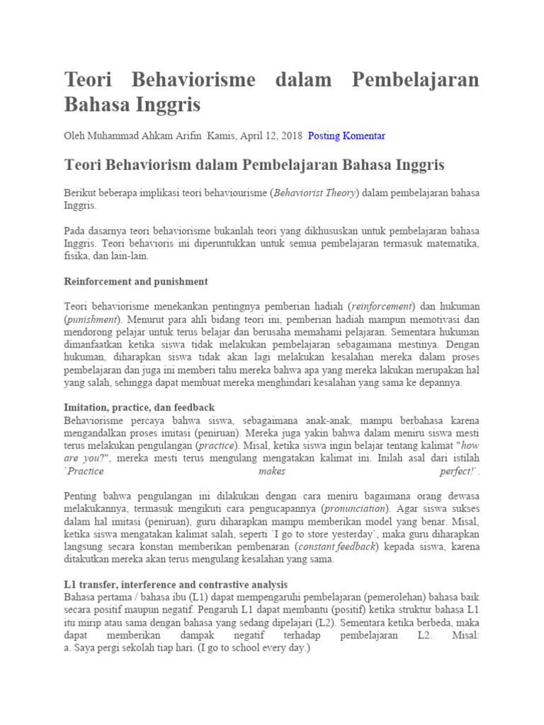 Teori Behaviorisme Dalam Pembelajaran Bahasa Inggris | PDF
