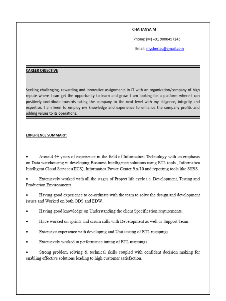 Chaitanya Resume | Download Free PDF | Information Technology ...
