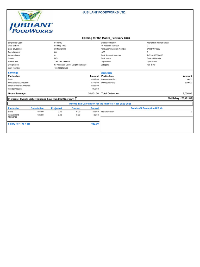 Payslip 2022 2023 2 9130712 JUBL | PDF | Salary | Taxation