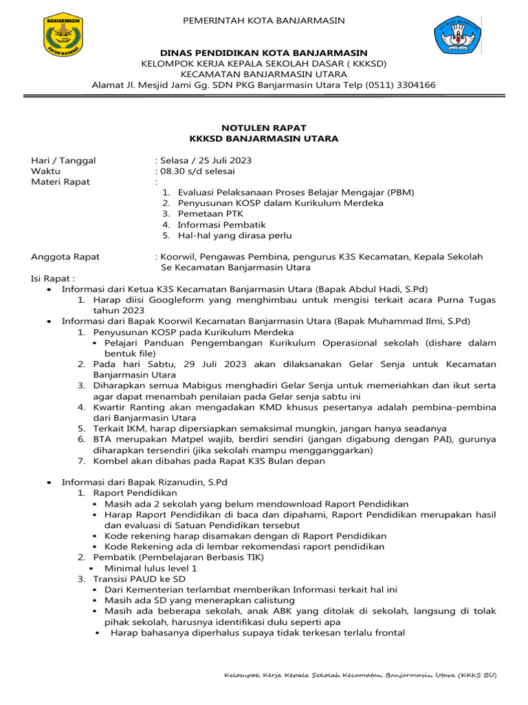 Notulen Rapat k3s Bu Bulan Juli 2023 | PDF