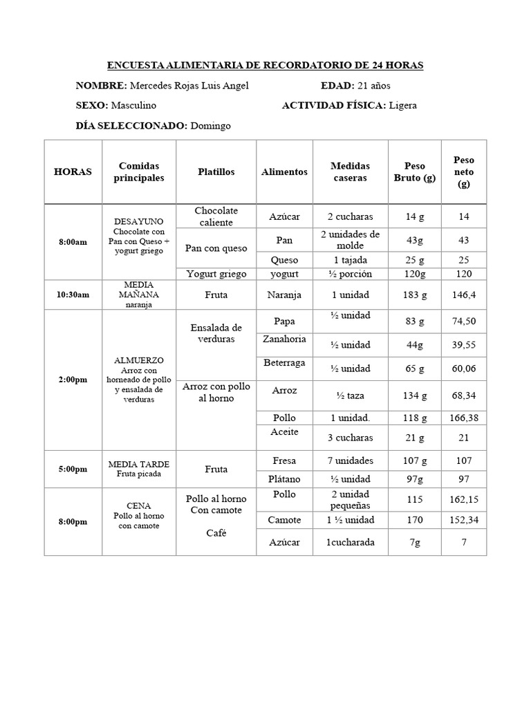 Encuesta Alimentaria de Recordatorio de 24 Horas Ejemplo | PDF | Cocina ...