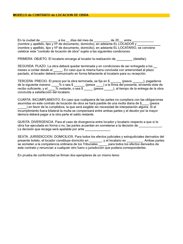 Modelo de Contrato de Locacion de Obra | PDF