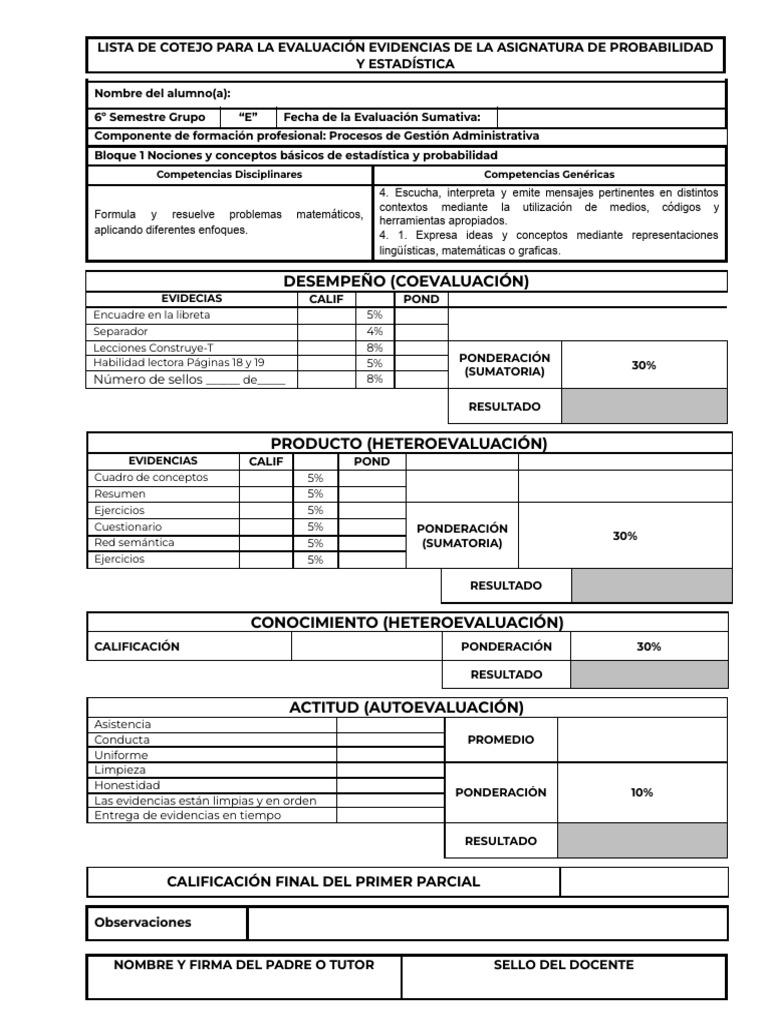 Lista de Cotejo para La Evaluaci-N Probabilidad y Estadistica | PDF | Evaluación | Cognición