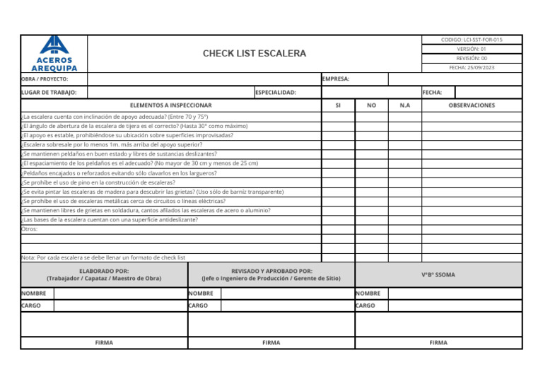 Checklist de Seguridad para Escaleras | PDF | Escalera