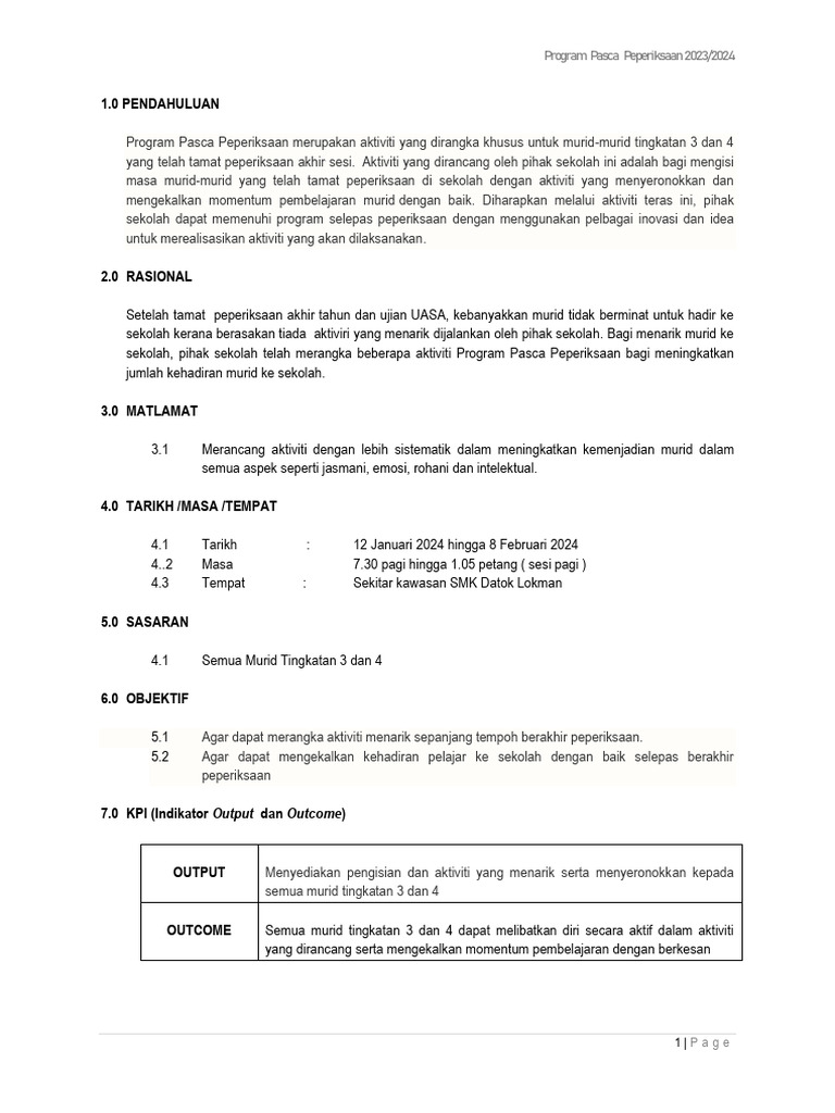 Kertas Kerja Program Pasca Peperiksaan Tahun 23 24 | PDF