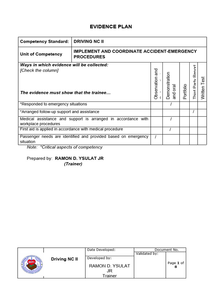 TM I - Evidence Plan - Template | PDF | First Aid | Emergency