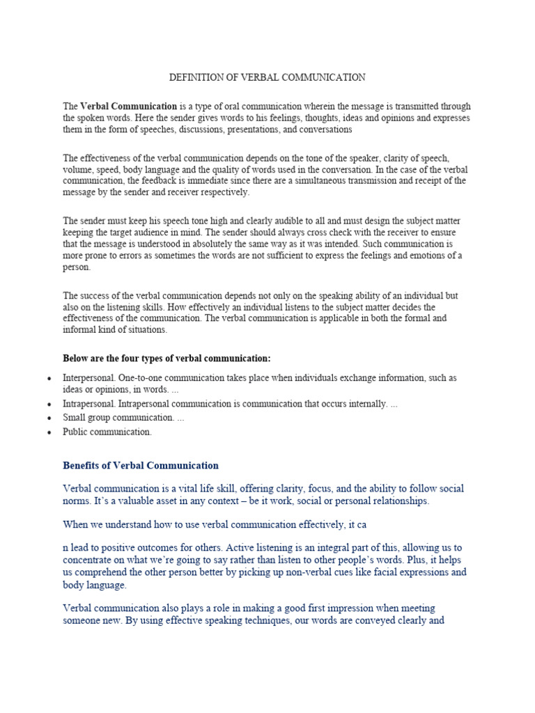 Definition of Verbal Communication | PDF | Communication | Nonverbal ...