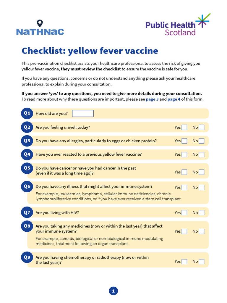 Yellow Fever Pre Vaccination Checklist | PDF | Thymus | Yellow Fever