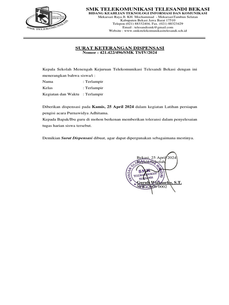 Dispen Persiapan Purnawidya Adhitama TGL 25 April 2024 | PDF