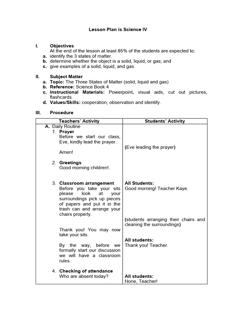 Detailed Lesson Plan Is Science IV | PDF | Matter | Liquids