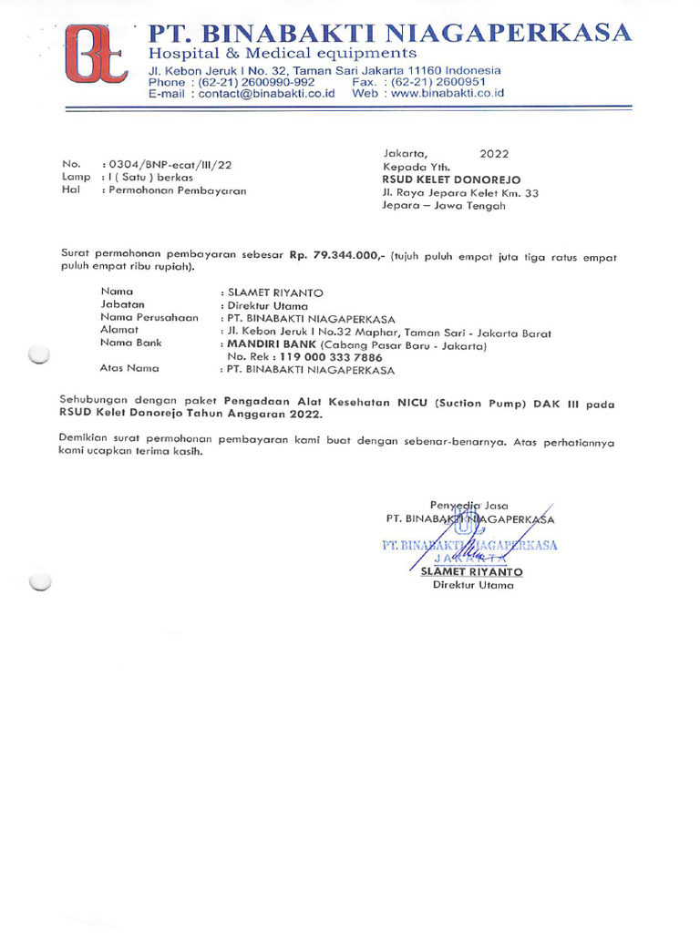 Surat Tagihan (Invoice) Rsud Kelet 1665390391 | PDF