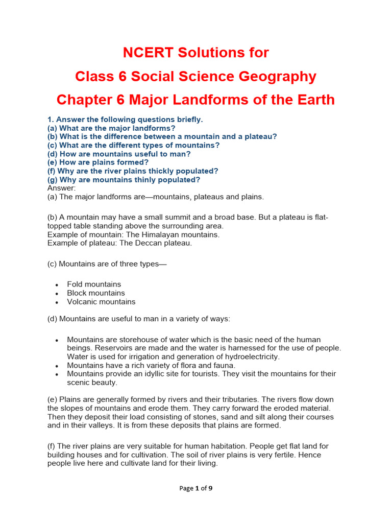 Major Landforms of the Earth: Class 6 Guide | PDF | Mountains | Plateau