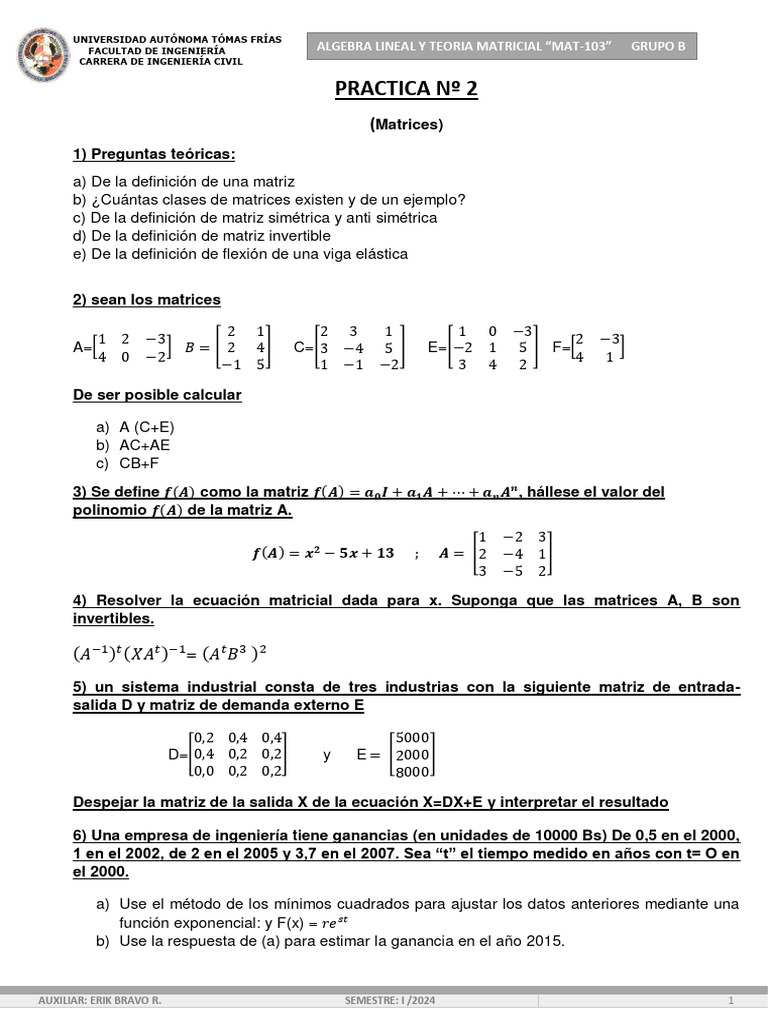 Practica Nº 2 (Matrices) i 2024 | PDF | Matriz (Matemáticas) | Álgebra lineal