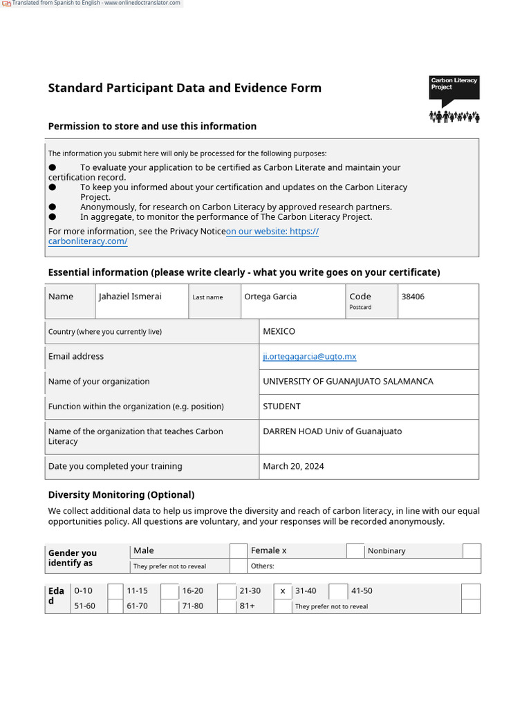 Carbon Literacy Certification Data Form | PDF | Greenhouse Gas | Carbon ...