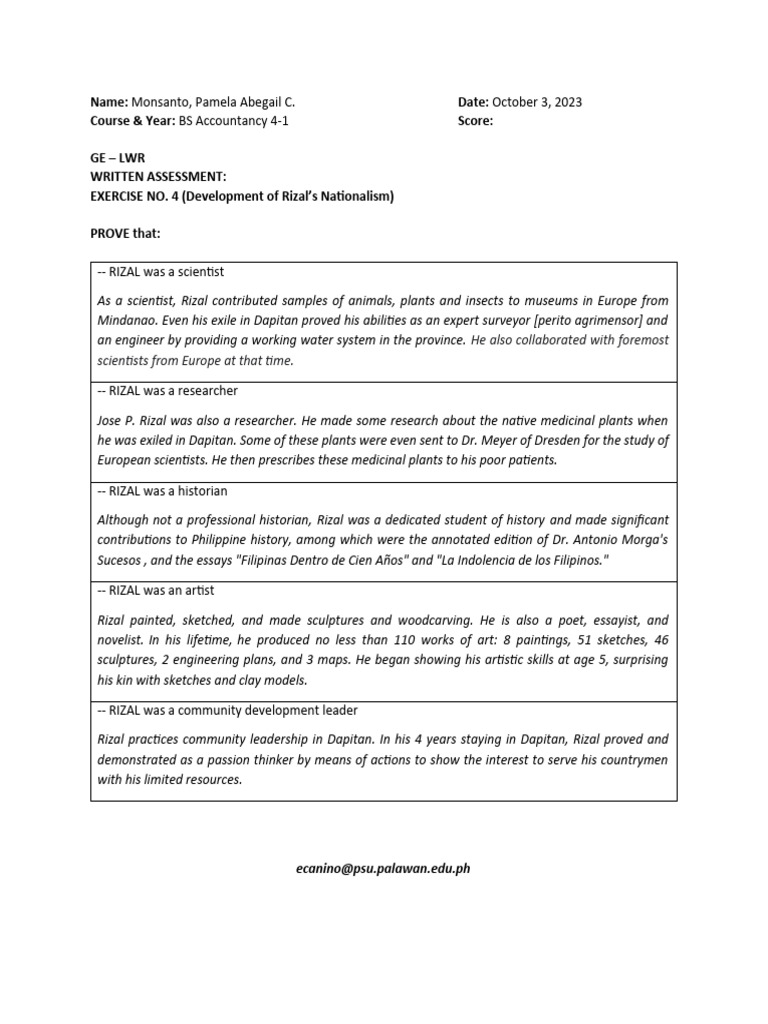 Pamela Abegail Monsanto - EXERCISE NO. 4 (DEVELOPMENT OF RIZAL'S NATIONALISM) | PDF