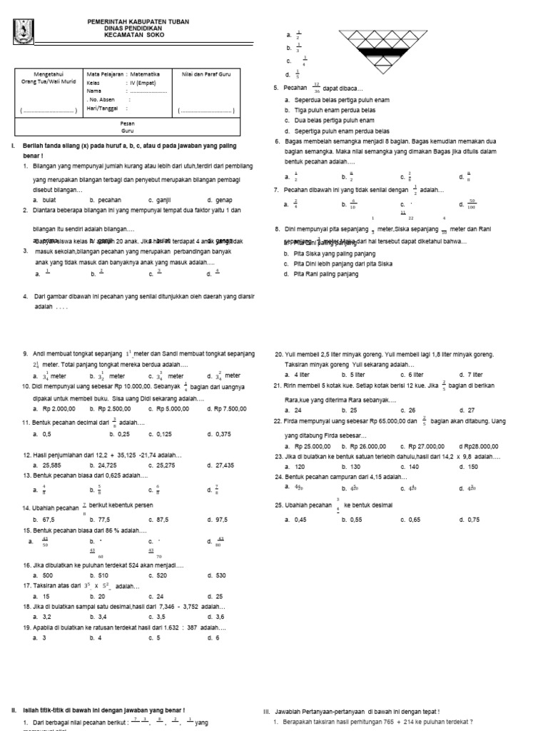 Soal PTS 1 - MTK Kelas 4 | PDF