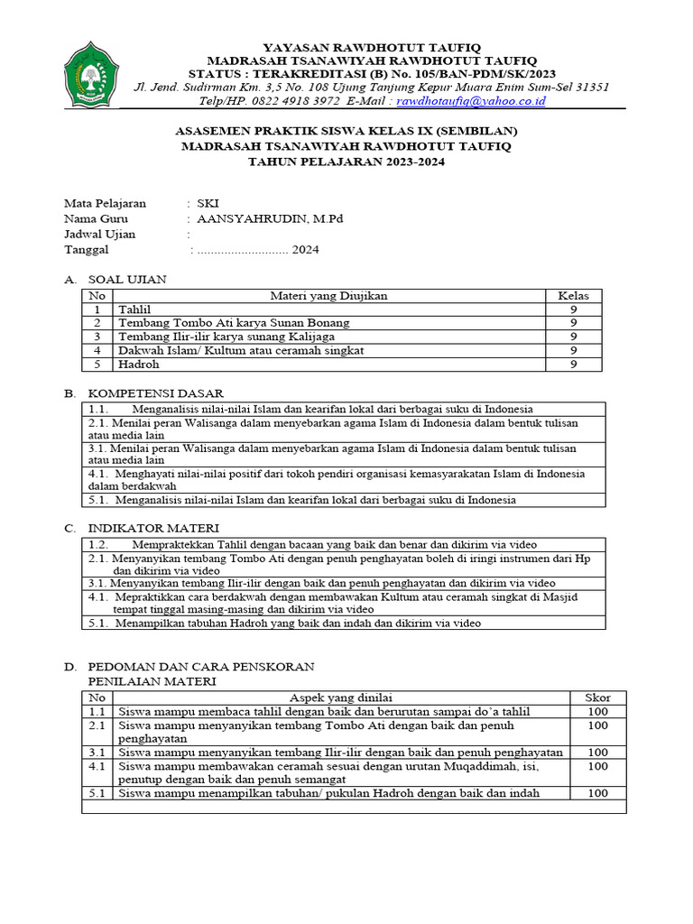 Contoh kisi-kisi Ujian Praktik - SKI | PDF