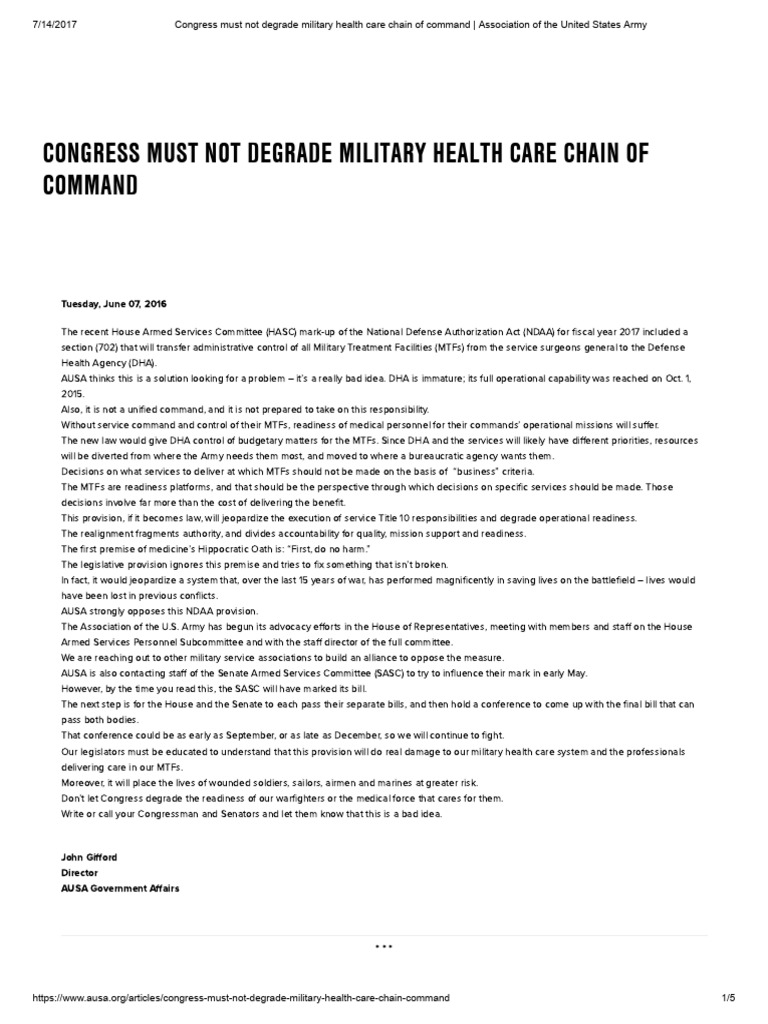 Congress Must Not Degrade Military Health Care Chain of Command 2016 ...