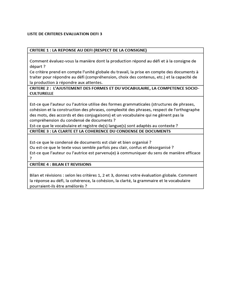 Liste de Criteres Evaluation Defi 3 | PDF