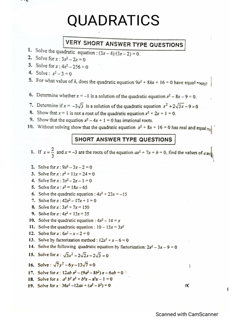 Quadratic Equations Revision 10th | PDF