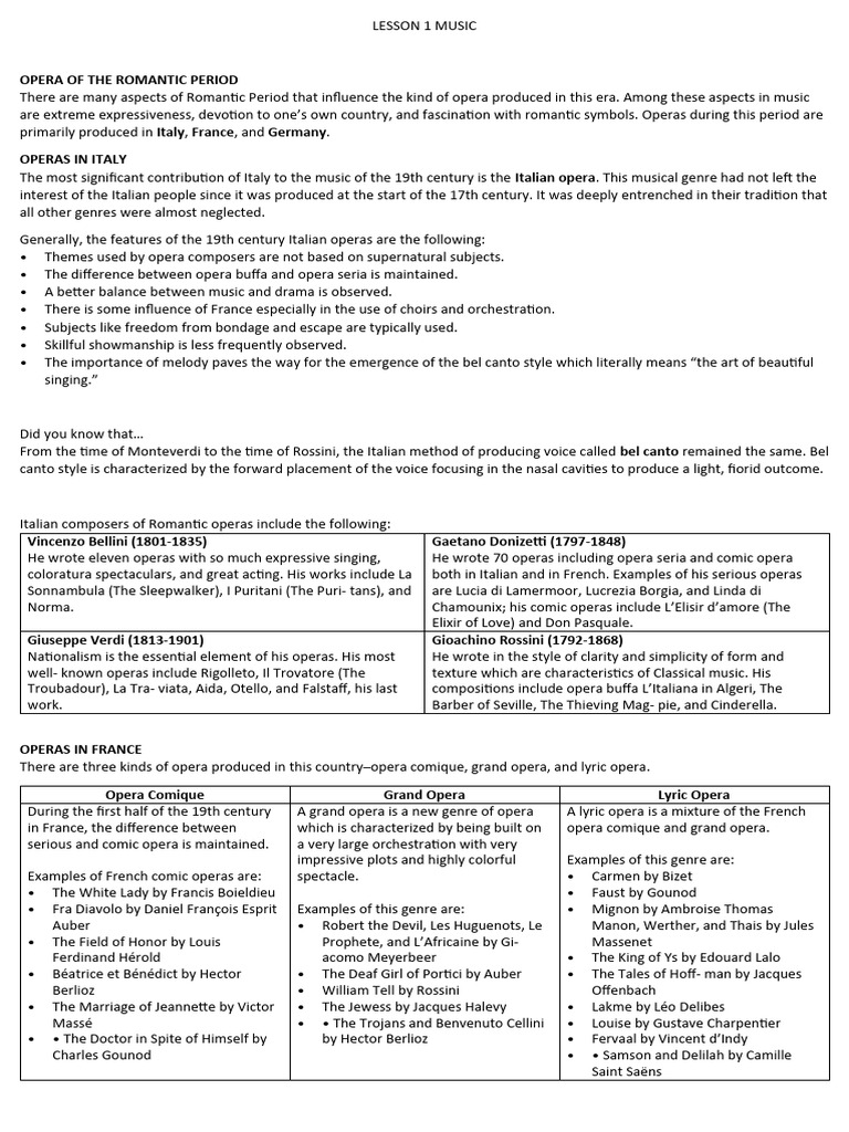 Romantic Period Opera Overview | PDF | Opera | Vocal Musical Compositions